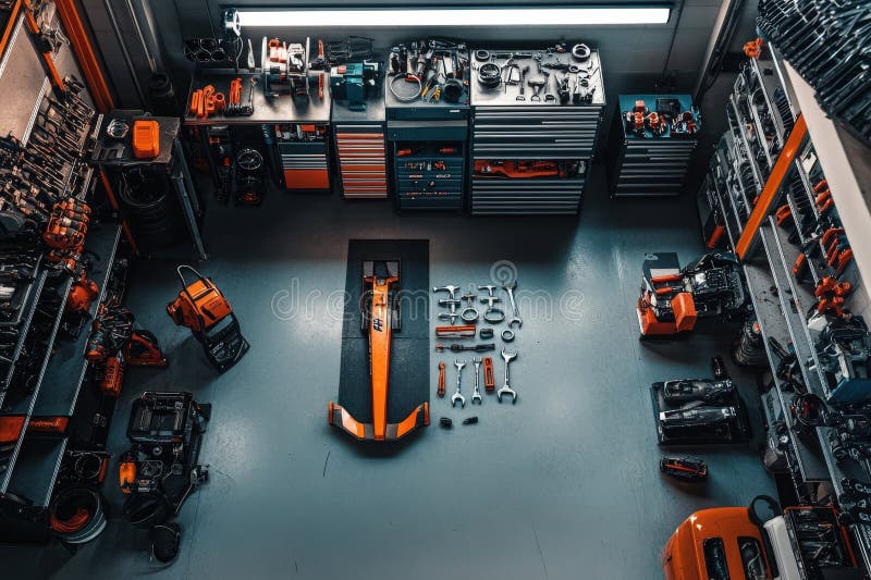 Organized Garage Workshop with Tools and Racing Car Part Stock ...