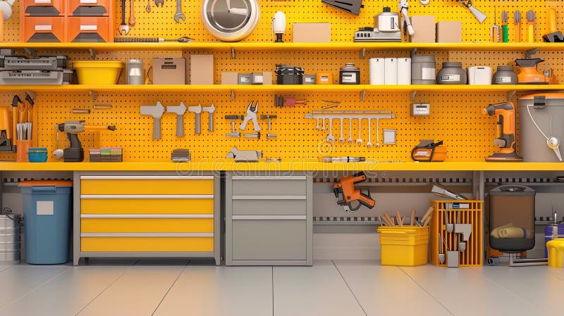 An Organized Garage Workshop with Yellow Shelves and Pegboard ...