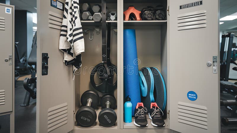 Organized Gym Locker Showcasing a Range of Fitness Equipment Including ...