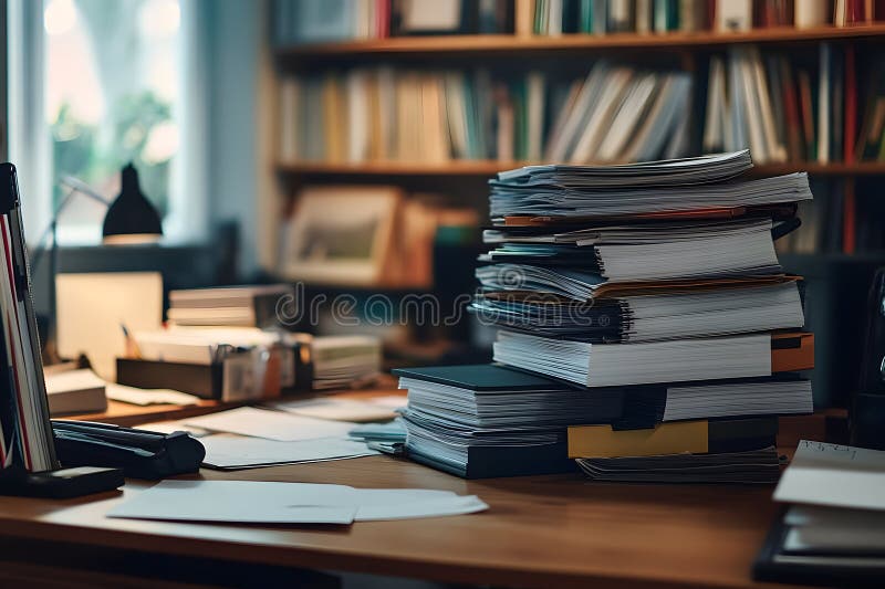 Organized Home Office Setup with Desk, Chair, and Bookshelf Stock Photo ...
