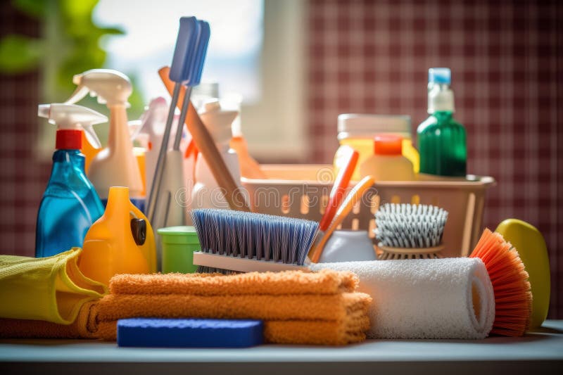 An Organized Image Featuring a Neatly Arranged Set of Cleaning Tools ...