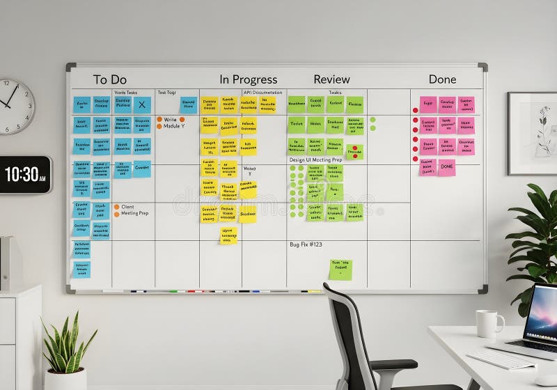 Organized Kanban Task Board with Color-coded Sticky Notes on Whiteboard ...