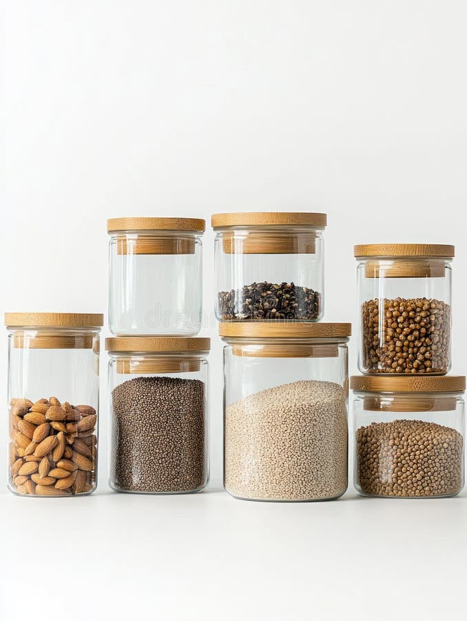 Organized Kitchen Essentials. Flat Lay of Glass Storage Jars with Nuts ...