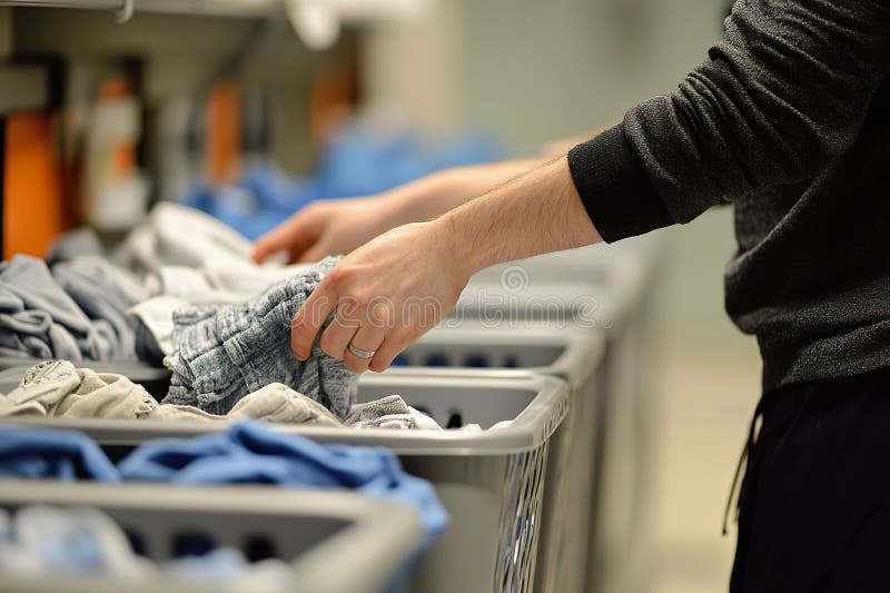 Organized Laundry Room with Person Sorting Clothes into Baskets for ...