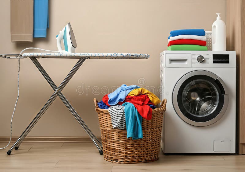 Organized Laundry Room Scene with Ironing Board and Overfilled Clothes ...