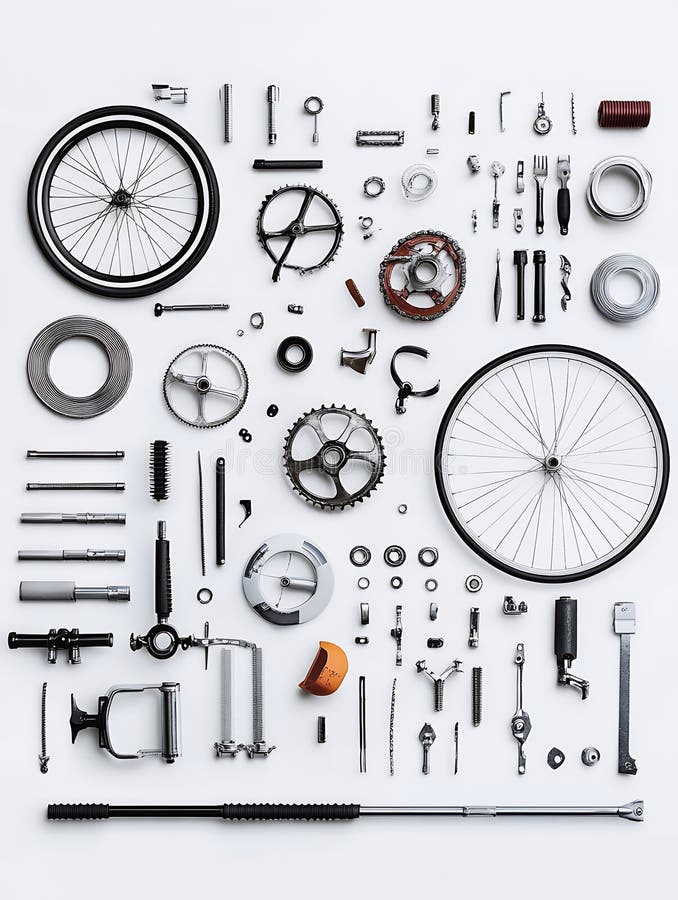 Organized Layout of Disassembled Bicycle Parts Including Wheels, Gears ...