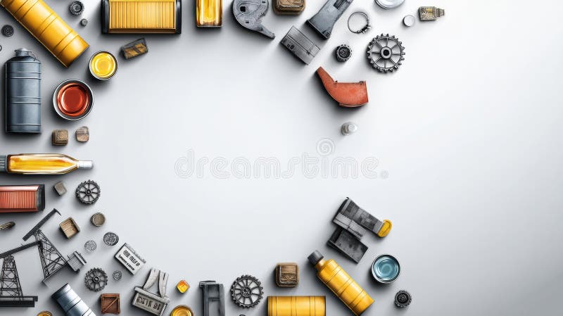 Circular Arrangement of Oil-Related Objects Showcasing Various Tools ...