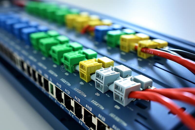 Organized Network Switch with Color-Coded Cables and LED Lights Stock ...