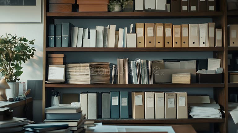 Organized Office Bookshelf with Files and Folders Stock Image - Image ...