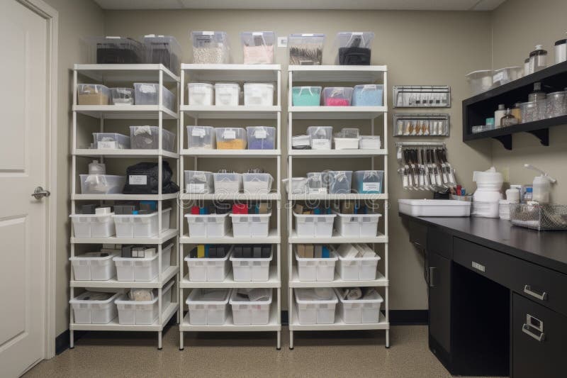 An Organized Office with Clean and Well-labeled Storage Containers ...