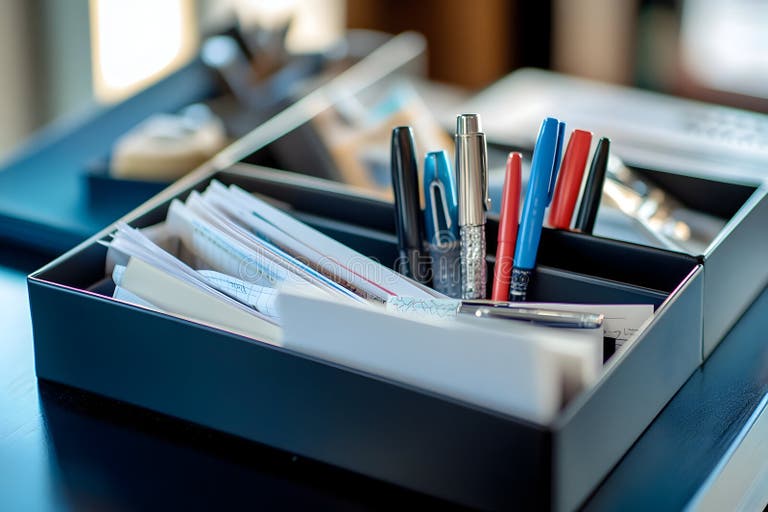 Organized Office Desk with Pens and Documents in Black Tray Stock Photo ...
