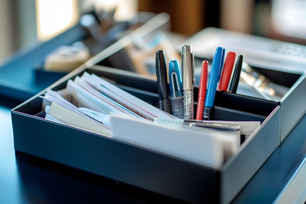 Organized Office Desk with Pens and Documents in Black Tray Stock Photo ...