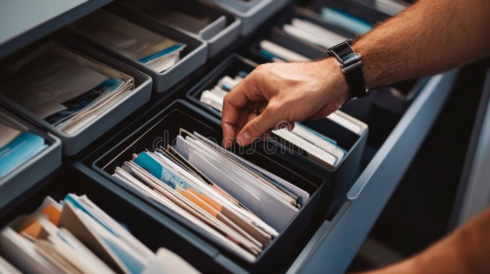 Organized Office Filing System with Hand Sorting Documents in Drawer ...