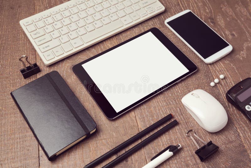 Organized Office Objects on Table. Digital Tablet Mock Up Stock Image ...