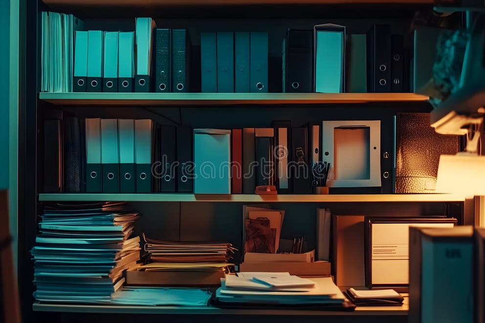 Organized Office Shelf Filled with Files, Binders, and Stacked ...