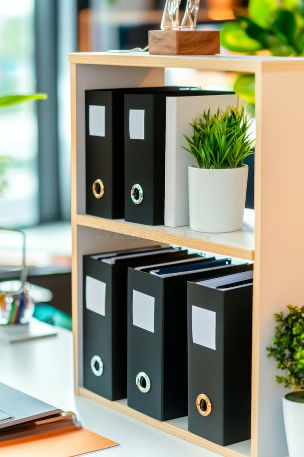 Organized Office Shelf with Green Plants and Black Document Binders ...