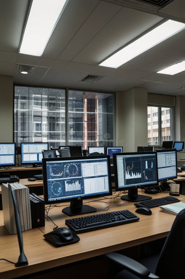 An Organized Office Space Equipped with Multiple Monitors Displays ...