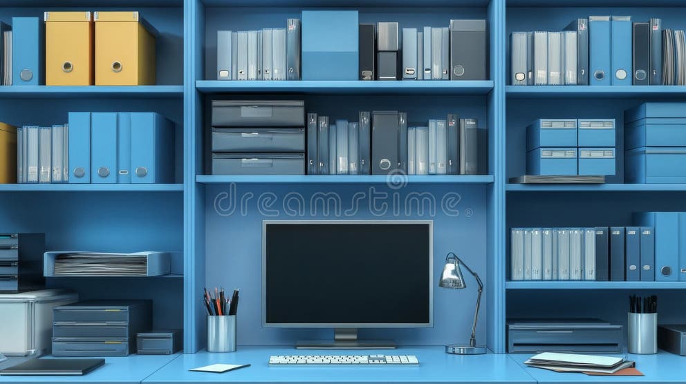 Organized Office Workspace with Blue Shelving and Computer Stock ...