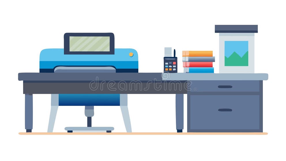 Organized Office Workstation with Computer and Printer, Vector Design ...