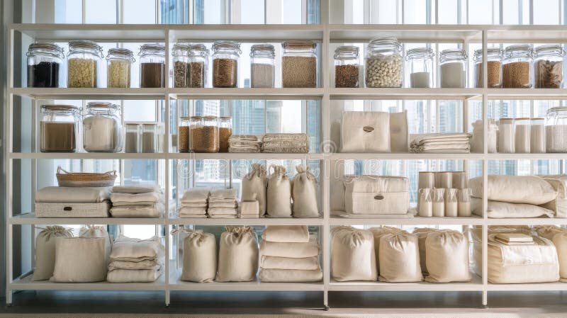 Organized Pantry with Jars and Linen Bags in Modern Kitchen. Minimalist ...