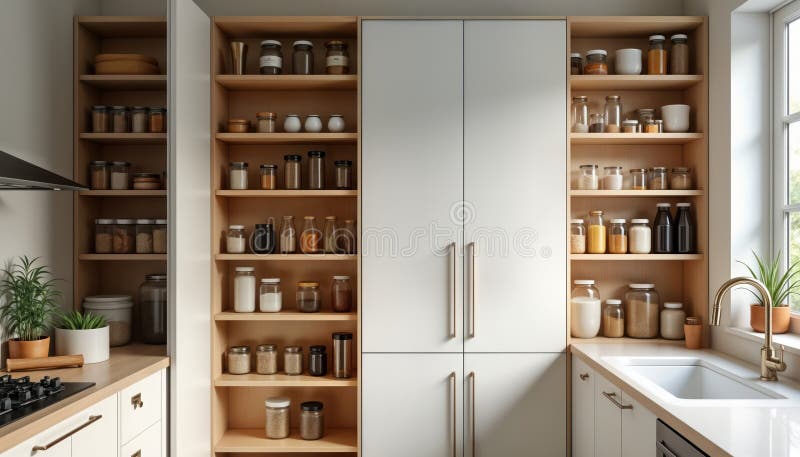 Organized Pantry with Various Containers of Food. Modern Kitchen Design ...