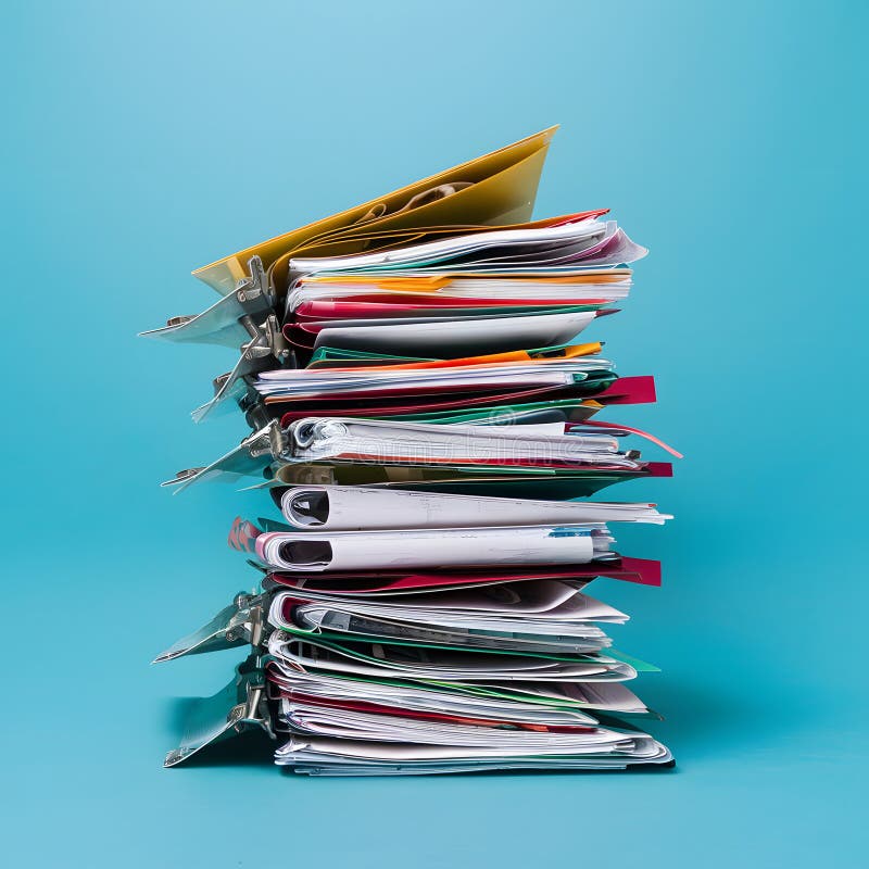Organized Paperwork Pile Sorted with Clips on Serene Blue Backdrop ...