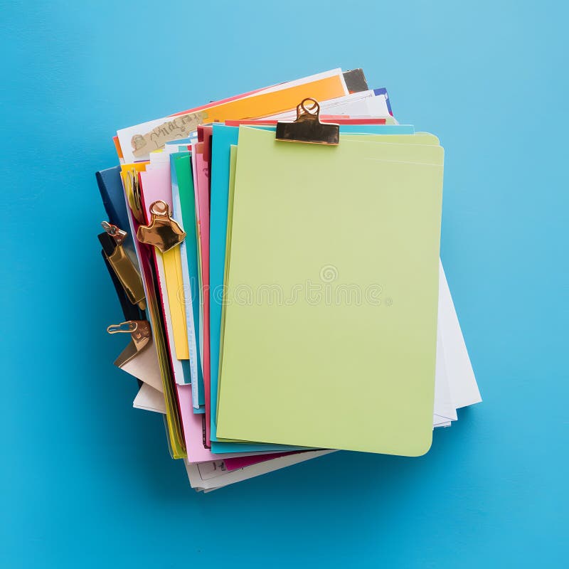 Organized Paperwork Pile Sorted with Clips on Serene Blue Backdrop ...
