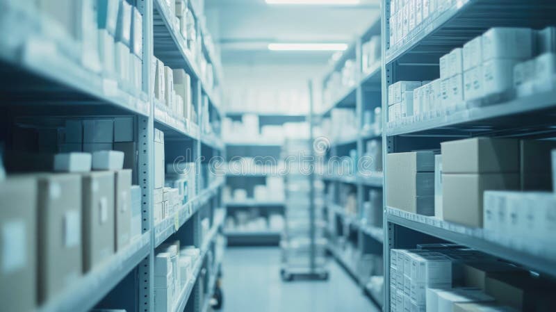Organized Pharmaceutical Storage Room with Shelves of Medication Boxes ...