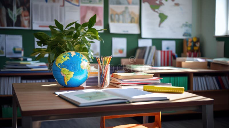 Organized school desk stock illustration. Illustration of books - 339999136