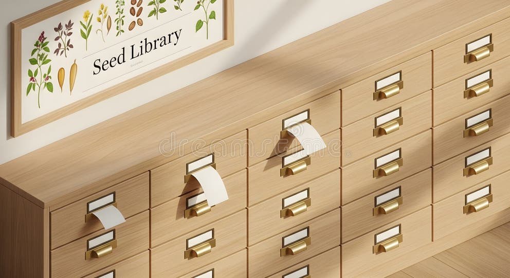 Organized Seed Library with Open Drawers, Each Labeled with a Paper ...