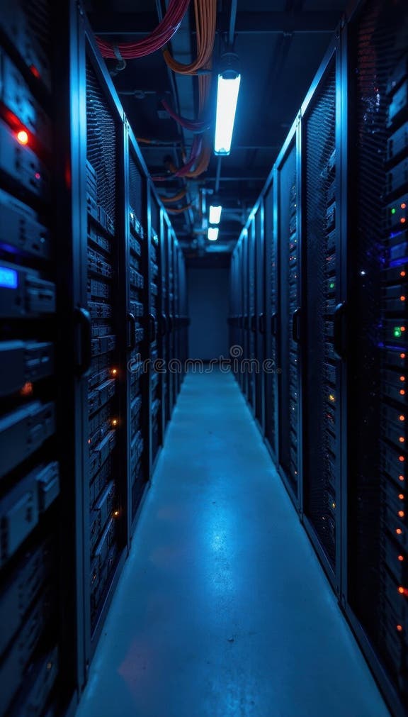 Organized Server Racks, Fiber Optic Cables, Network Switches, Hardware ...