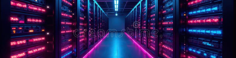 Organized Server Racks, Neon Lit Network Cables Illuminate a Cyberpunk ...