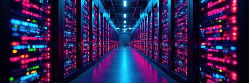 Organized Server Rows, Neon Cables Weave Intricate Patterns, Futuristic ...