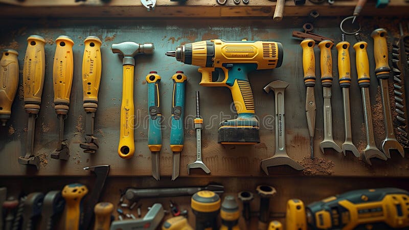 Organized Set of Hand and Power Tools on Rustic Workbench Stock ...