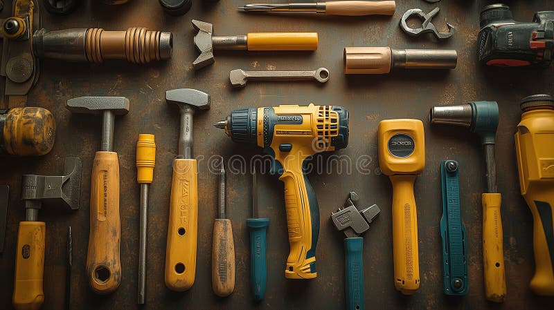 Organized Set of Hand and Power Tools on Rustic Workbench Stock ...
