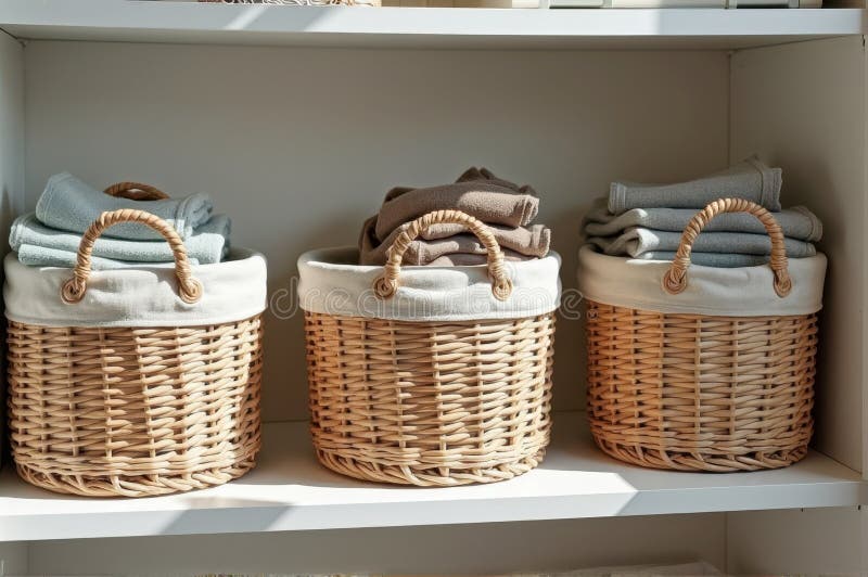 Organized Shelf with Three Wicker Baskets and Folded Towels in Natural ...