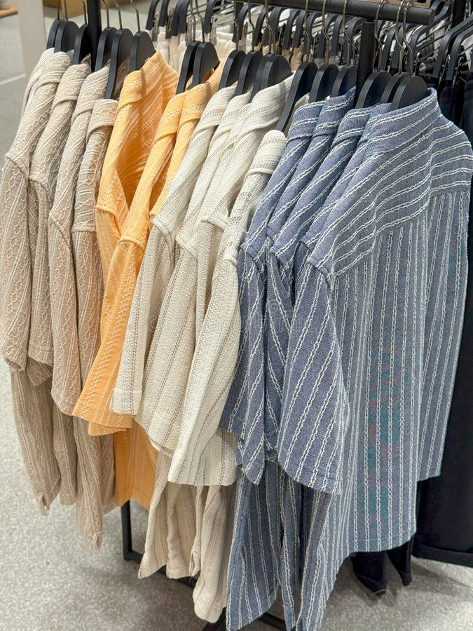 Organized Shirt Rack with Mixed Patterns and Earth Tone Palette Stock ...