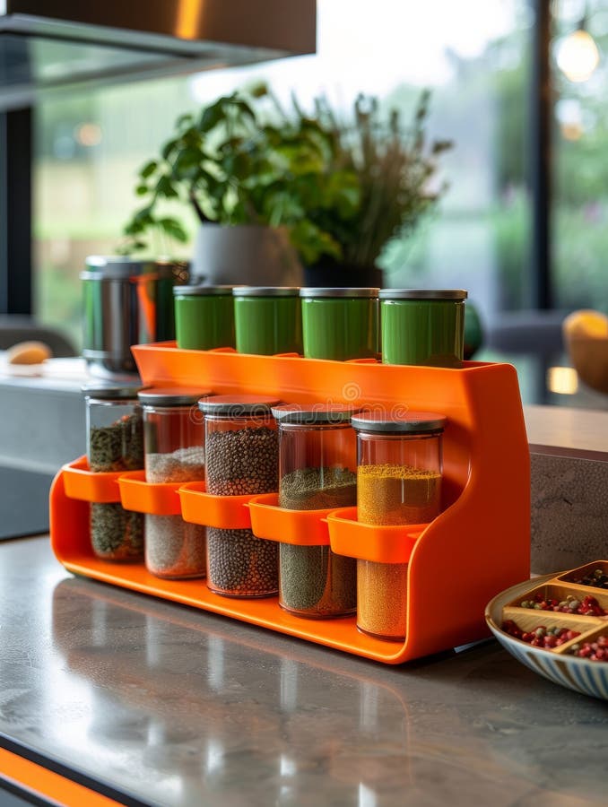 An Organized Spice Rack with Jars, Set on a Modern Kitchen Countertop ...