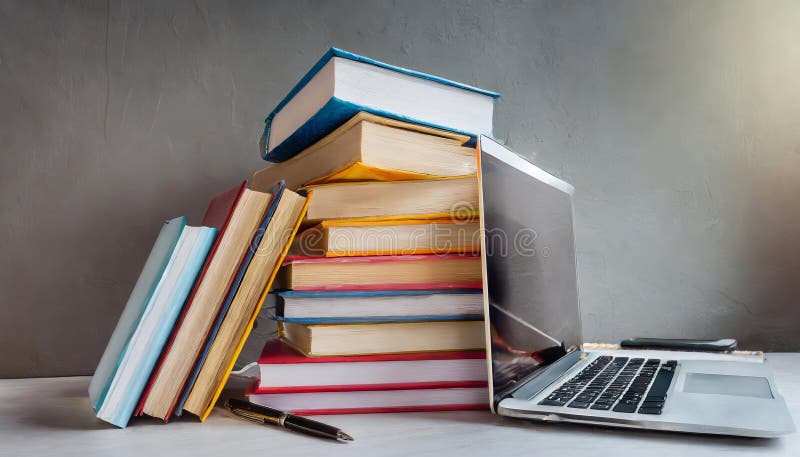 Organized Stack of Books Alongside a Laptop on a Desk, Symbolizing E ...