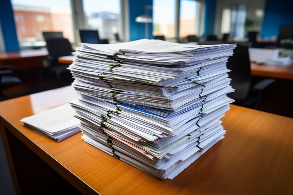 Organized Stack of Printed Documents for Efficient Office Management ...