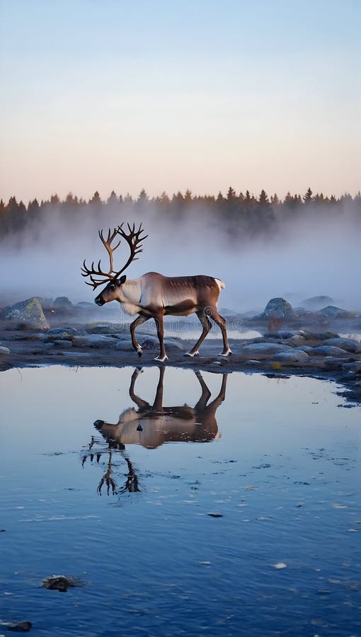A Majestic Reindeer Walks on Reflective Water, Surrounded by Misty ...