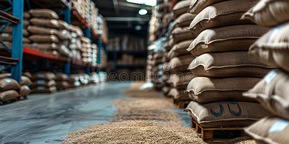 Organized Stacks of Rice Sacks in Warehouse for Distribution. Concept ...