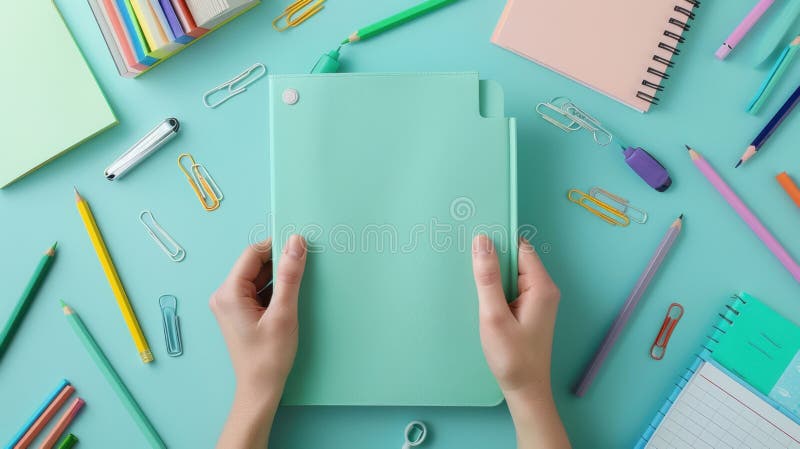 Hands Holding Mint Green Folder.AI Generated Image Stock Image - Image of document, supplies ...