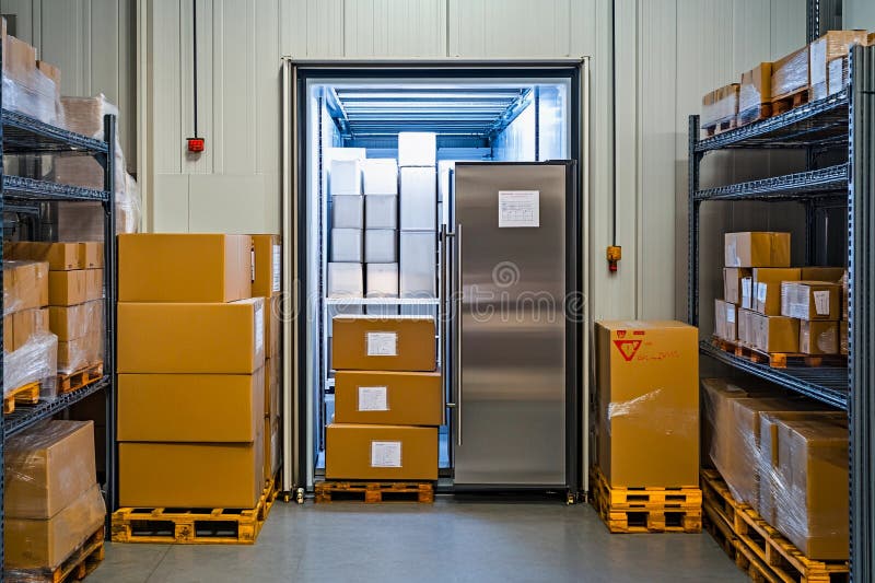 Organized Storage Area with a Cold Storage Unit and Neatly Stacked ...