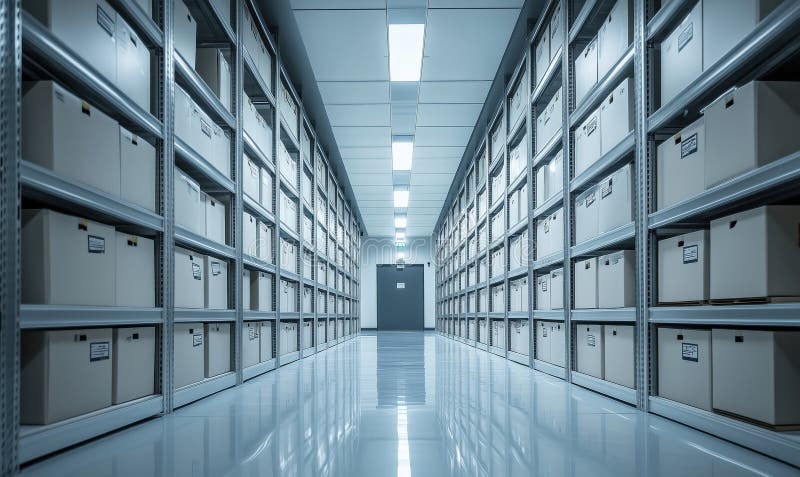 Organized Storage Facility with Boxes, Neat Rows of Shelves, Bright ...