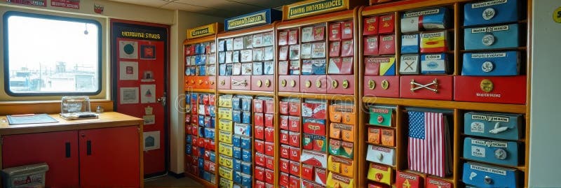 Organized Storage Room with Colorful Boxes and Safety Labels Stock ...