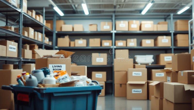 Organized Storage Room with Labeled Boxes and Utility Cart Stock Image ...