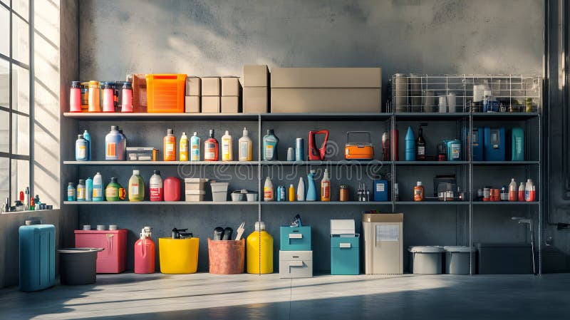 Organized Storage Shelves Cleaning Supplies Industrial Setting Stock ...