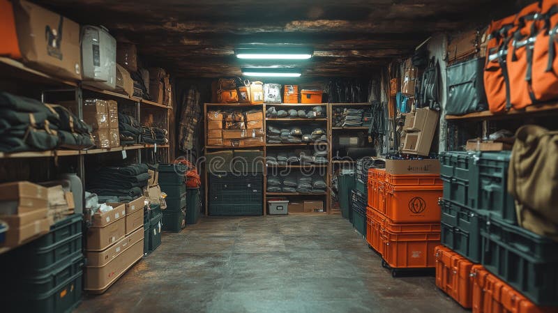 Organized Storage Space Filled with Various Bags and Boxes in a Dimly ...