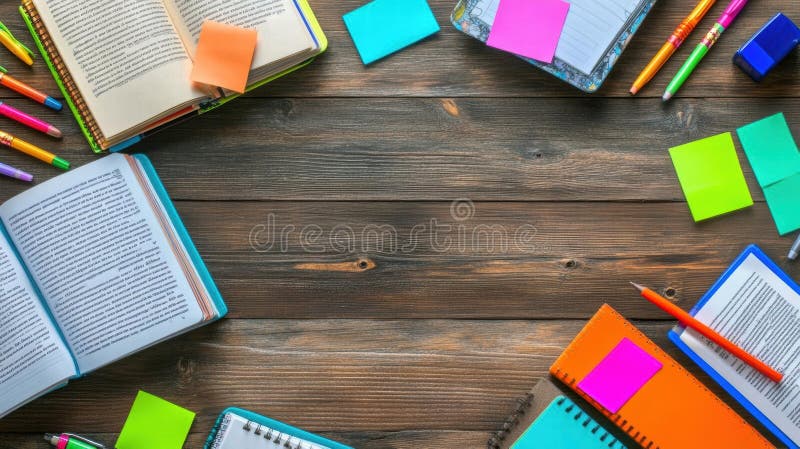 Organized Study Space, Books, Pens, Notepads, and Sticky Notes Arranged ...